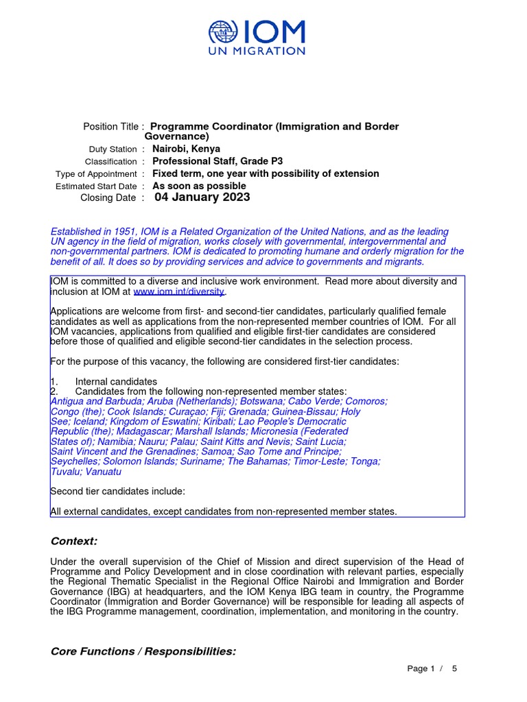 IOM - KENYA VACANCY Data Overview - VN 2022 449 Programme Coordinator ... IOM - KENYA VACANCY Data Overview - VN 2022 449 Programme Coordinator ...