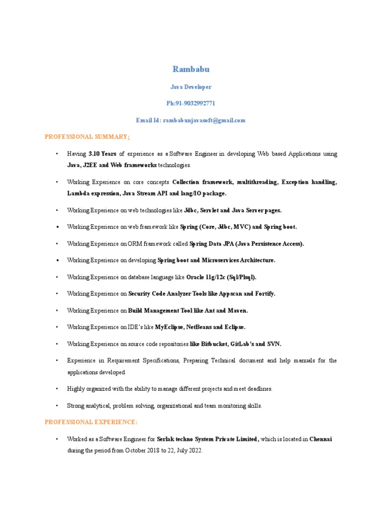 RAMBABUN Hyderabad Secunderabad, Telangana 3.1 Yrs | Descargar gratis PDF | Spring Framework ...