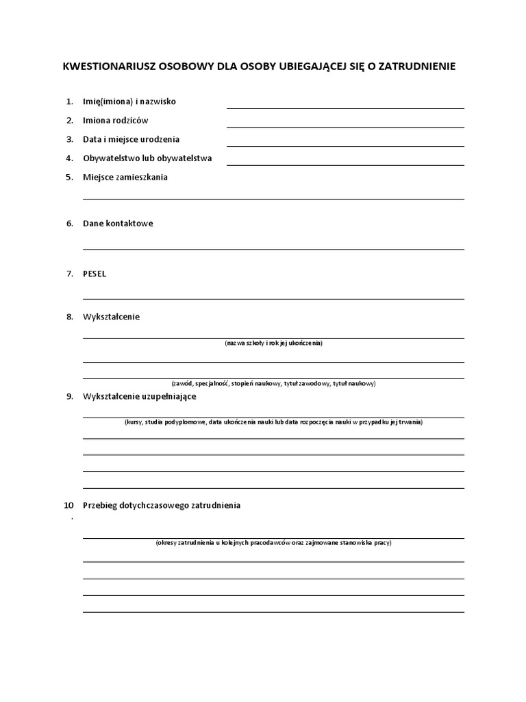 Kwestionariusz Dla Osoby Zatrudnionej | PDF
