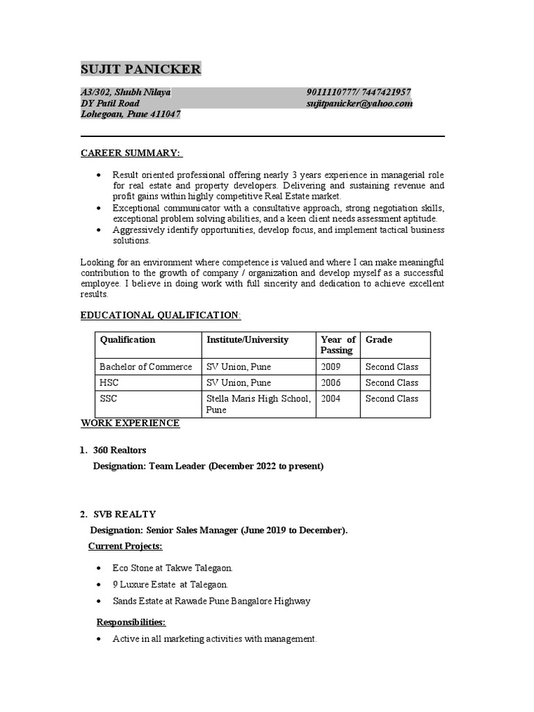 Resume Sujit Panicker | PDF | Marketing | Business