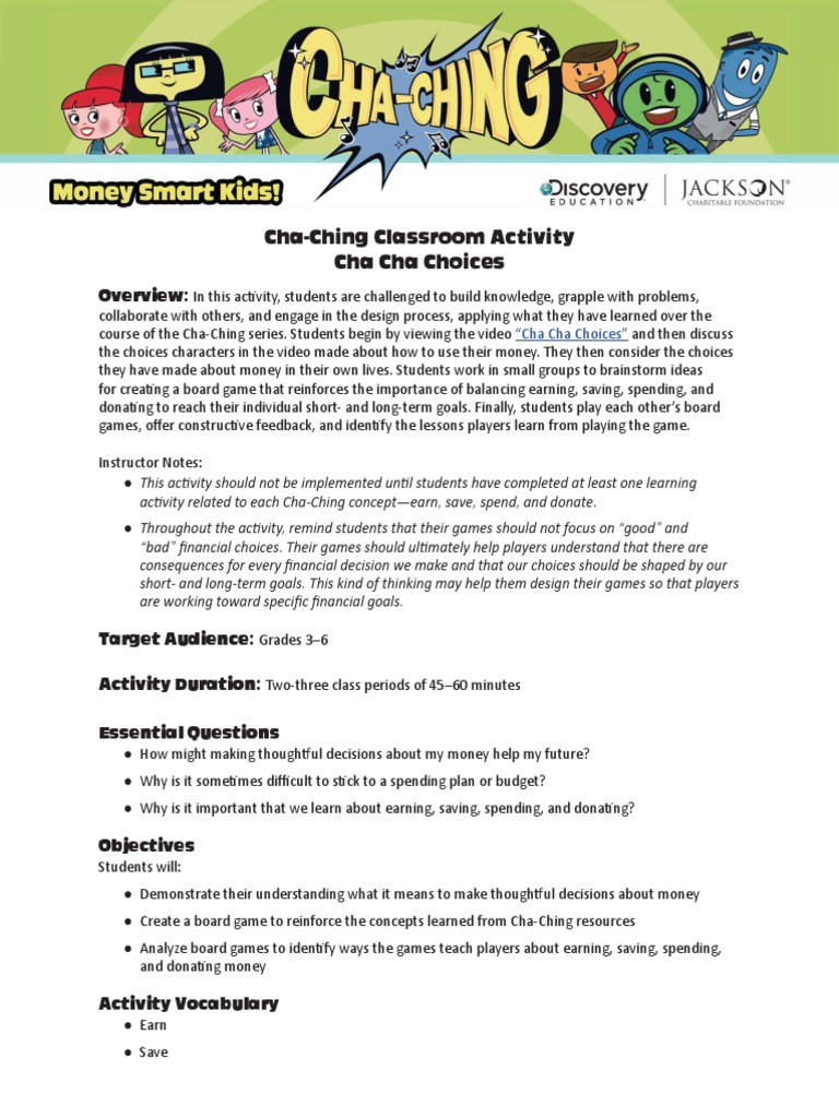 Cha-Ching Board Game Activity | PDF | Income | Brainstorming