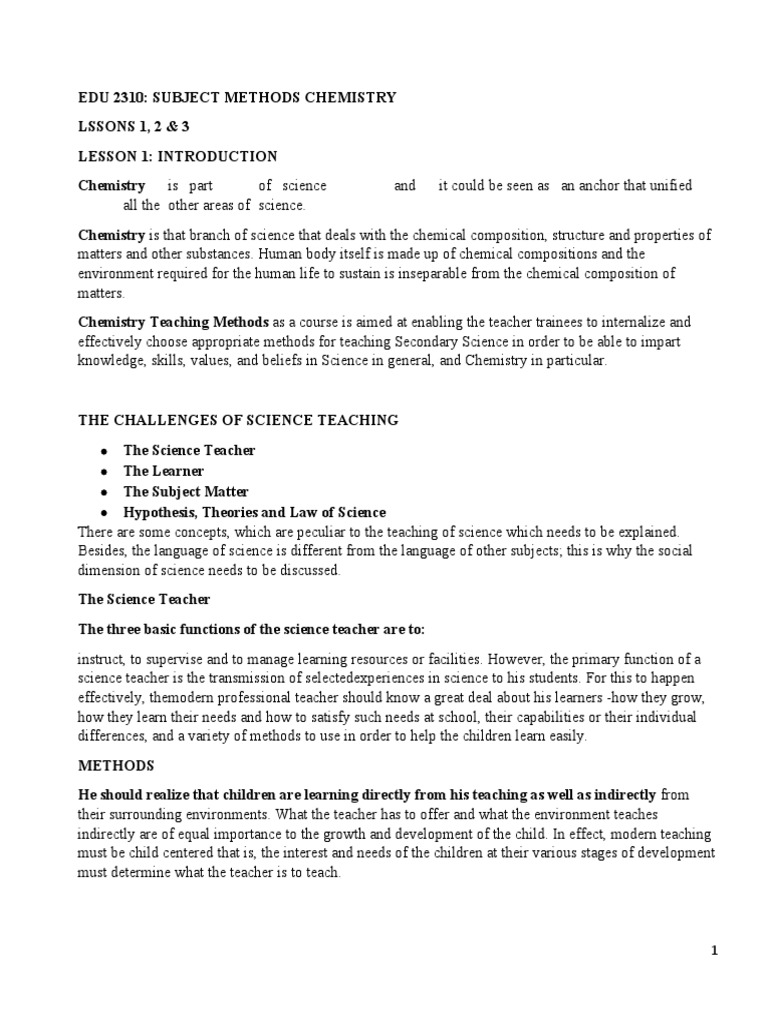 Lesson 1-2-3 Subject Methods Chemistry | PDF | Teachers | Chemistry