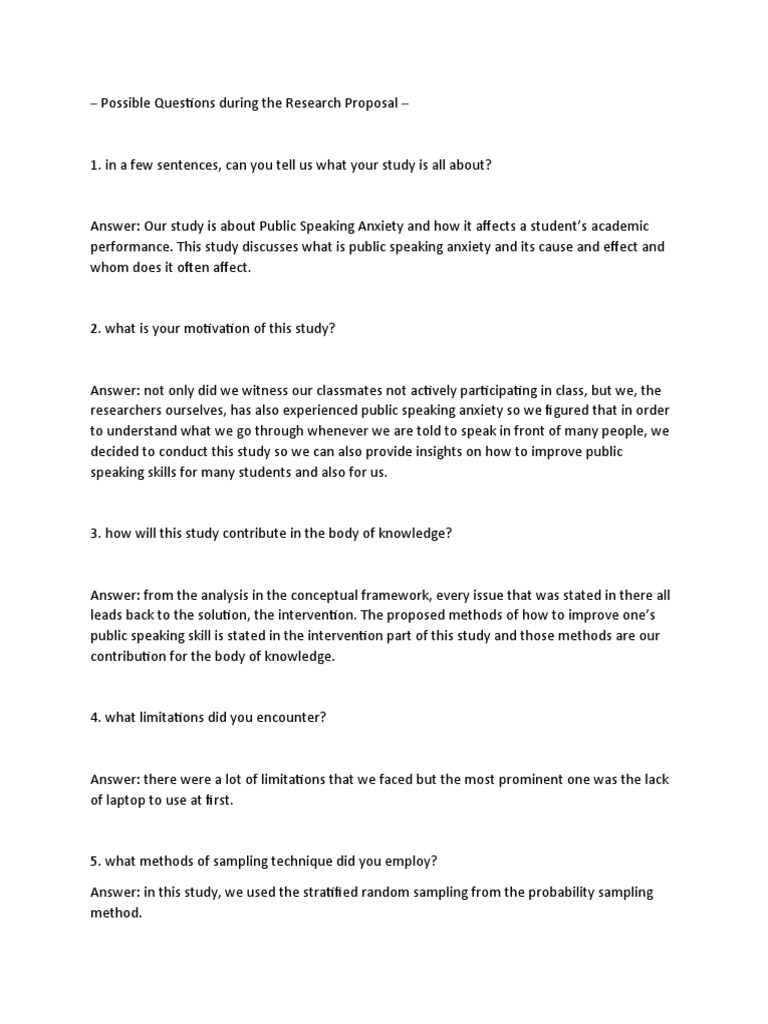 Possible Questions For The Proposal | PDF | Sampling (Statistics) | Public Speaking