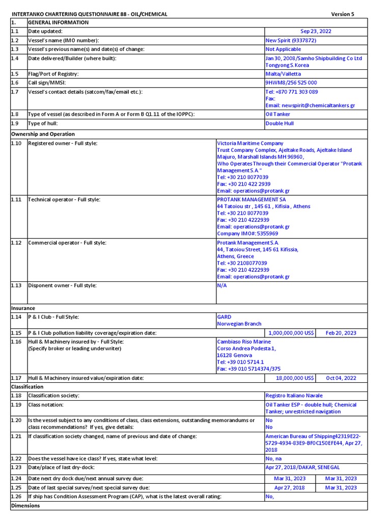 New - Spirit - Q88 - Oil-Chemical - 23 Sep2022 | PDF | Tonnage | Ships