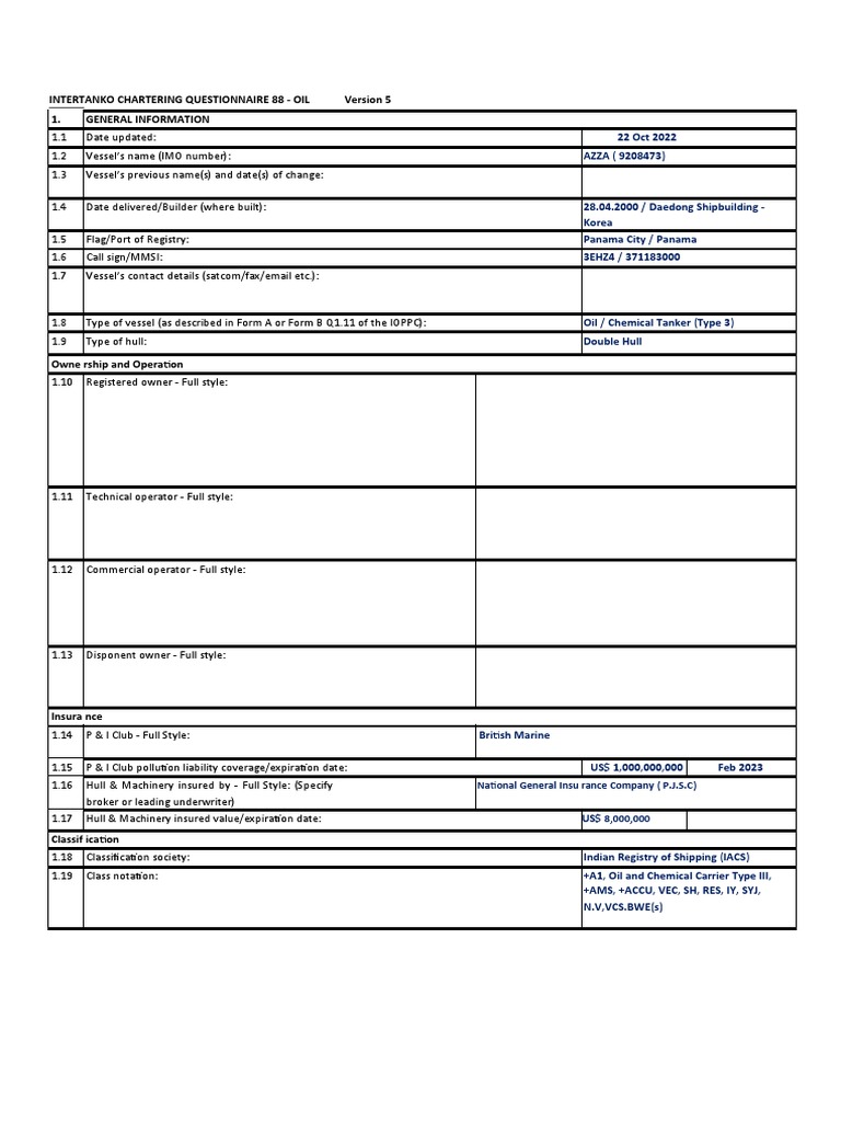 INTERCARGO Q88 for MT Azza Vessel | PDF | Tonnage | Fuel Oil