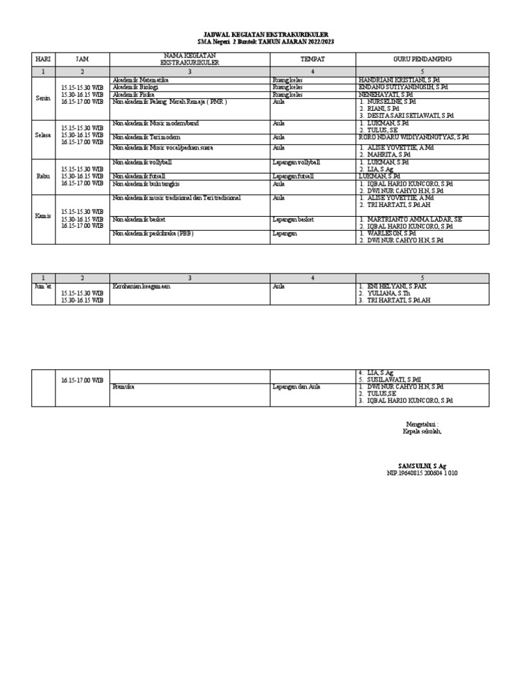 Jadwal Kegiatan Ekstrakurikuler | PDF