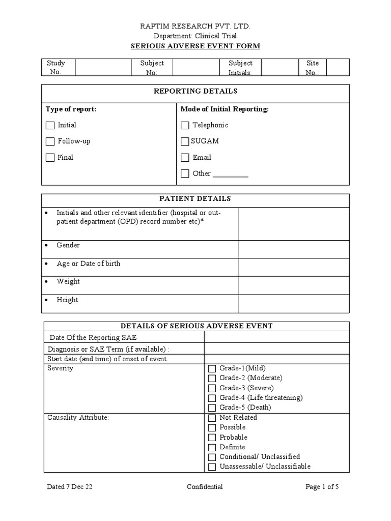 Table-5 - SAE Form - 7dec22 | PDF | Chemistry | Dose (Biochemistry)