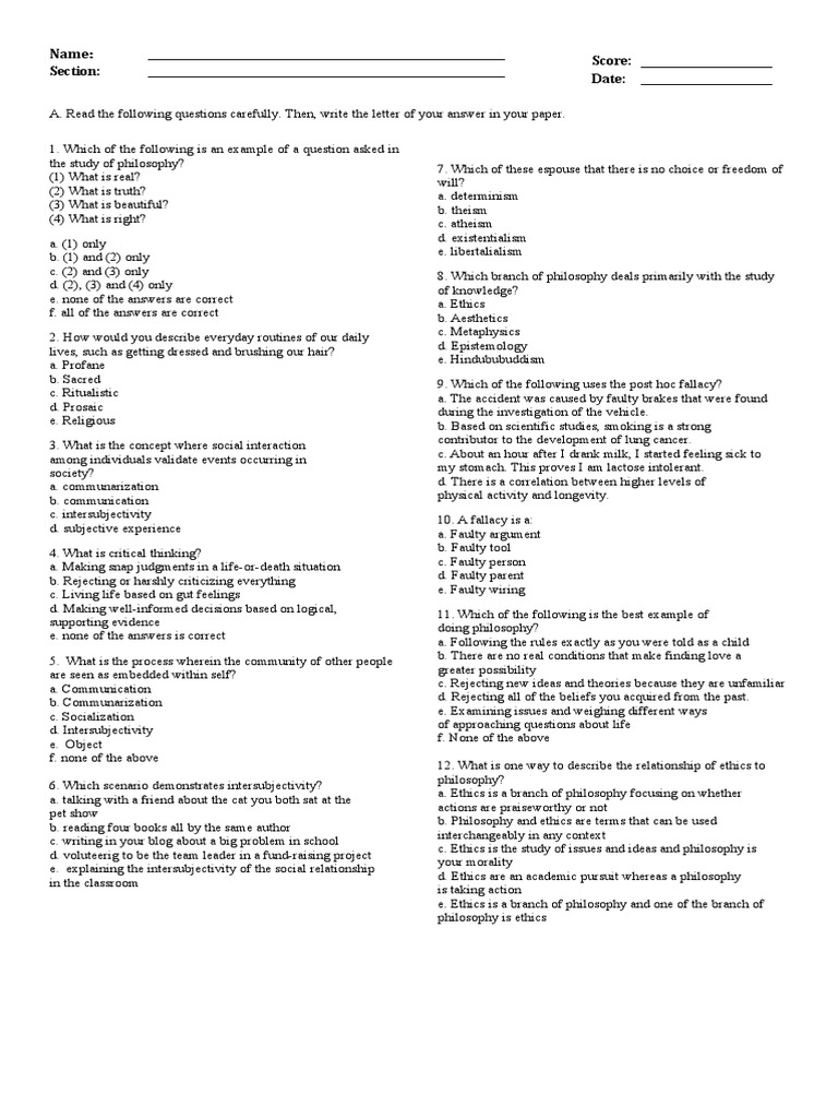 Pre Test Introduction To Philosophy | PDF | Argument | Logic