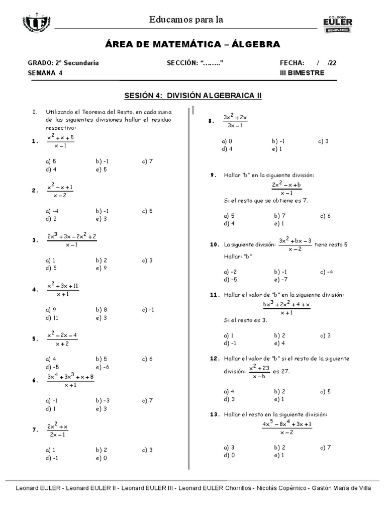 2° Sec - Semana 4 - Álgebra - Imprimir | PDF | Matemáticas