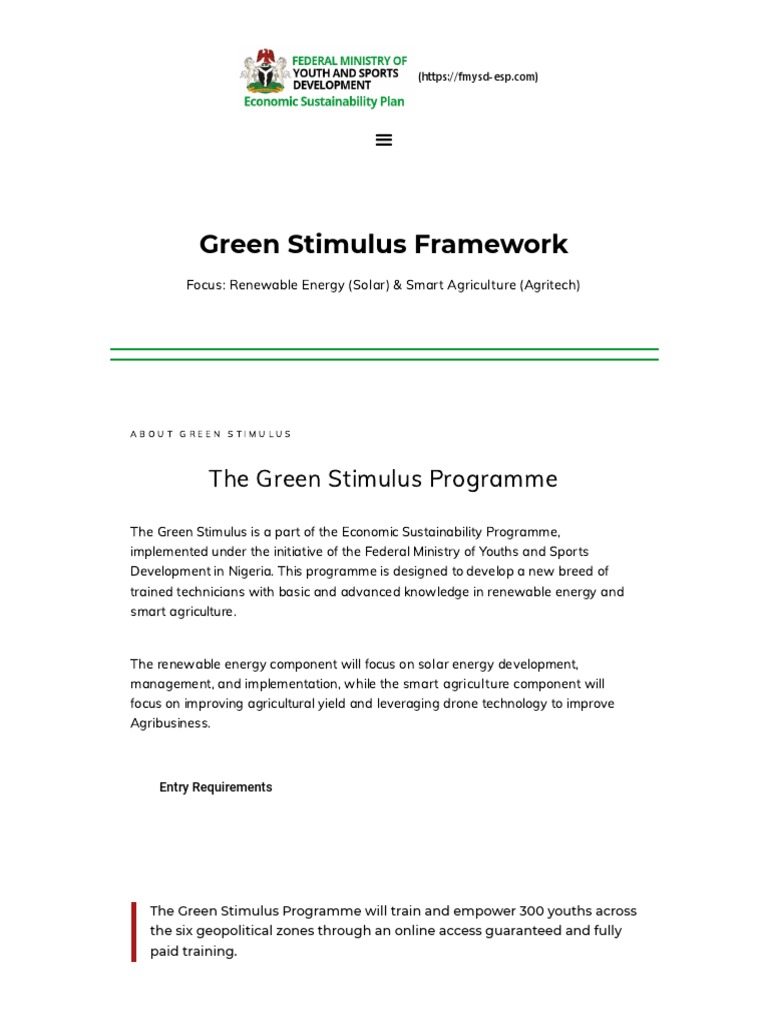 Adewale Taiwo Green Stimulus Framework Fmysd Pdf Renewable Energy Economies