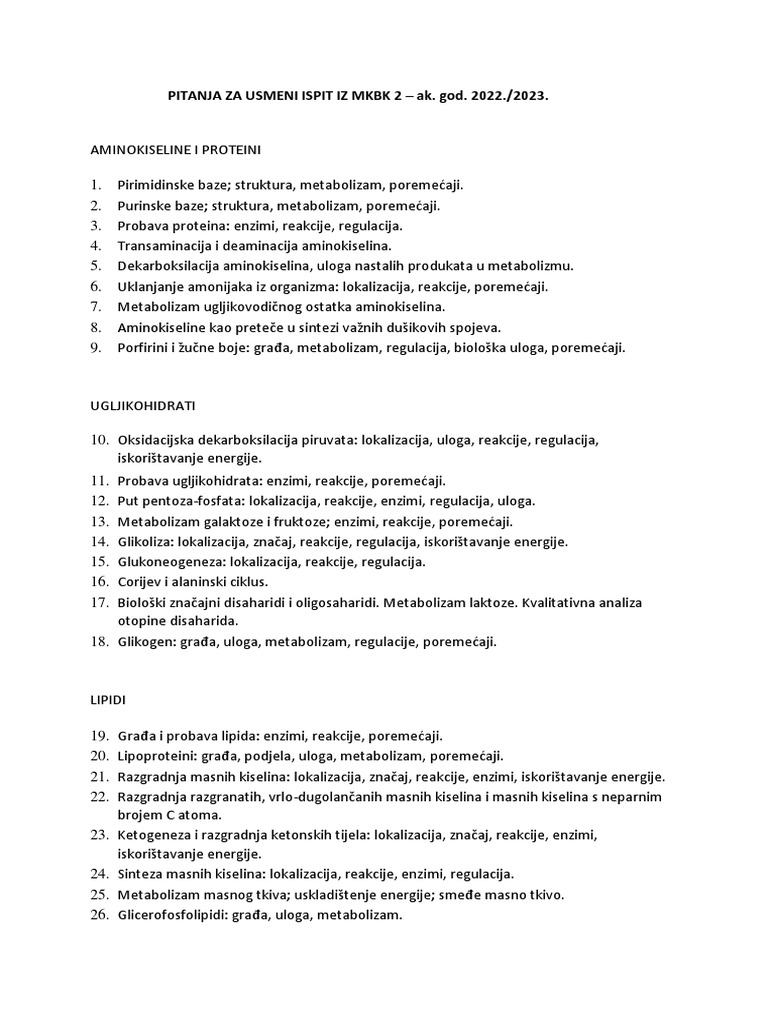 Pitanja Za Usmeni Ispit Iz MKBK 2 - 2022 - 23 - LMS | PDF