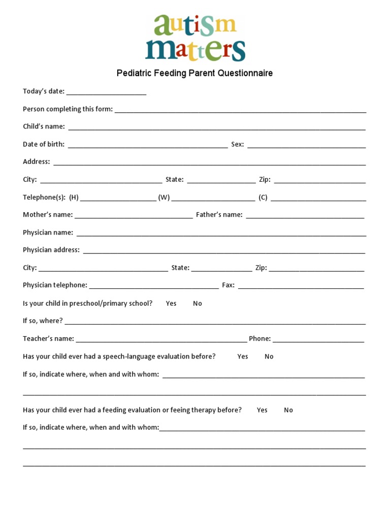 Pediatric Feeding Parent Questionnaire | PDF | Autism Spectrum ...