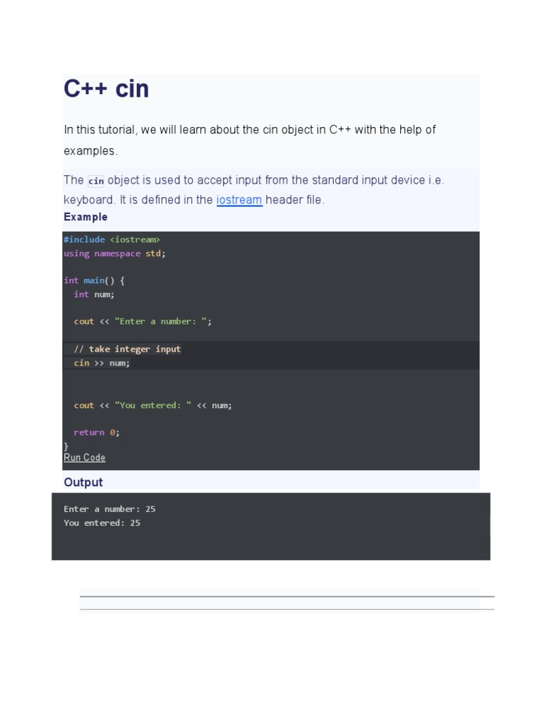 C Cin In This Tutorial We Will Learn About The Cin Object In C With The Help Of Examples