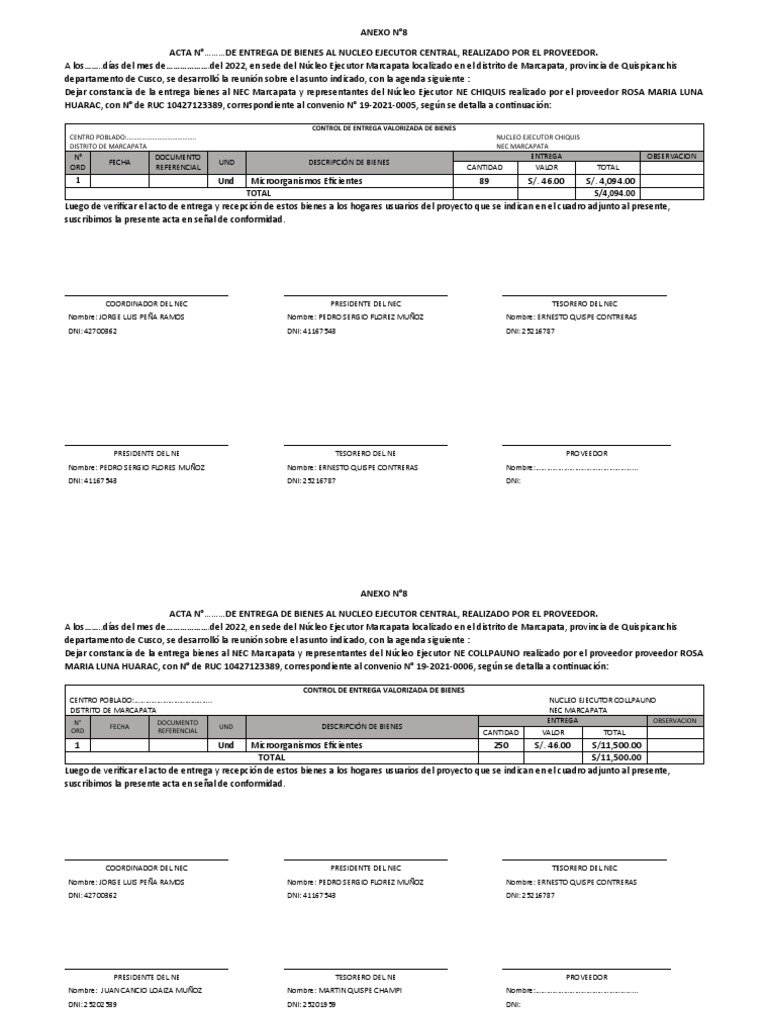 ANEXO N°8 - Acta de Entrega de Abono Organico | PDF