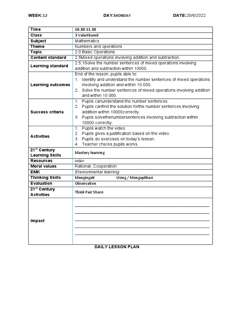 Mathematics Lesson Plan: Mixed Operations | PDF