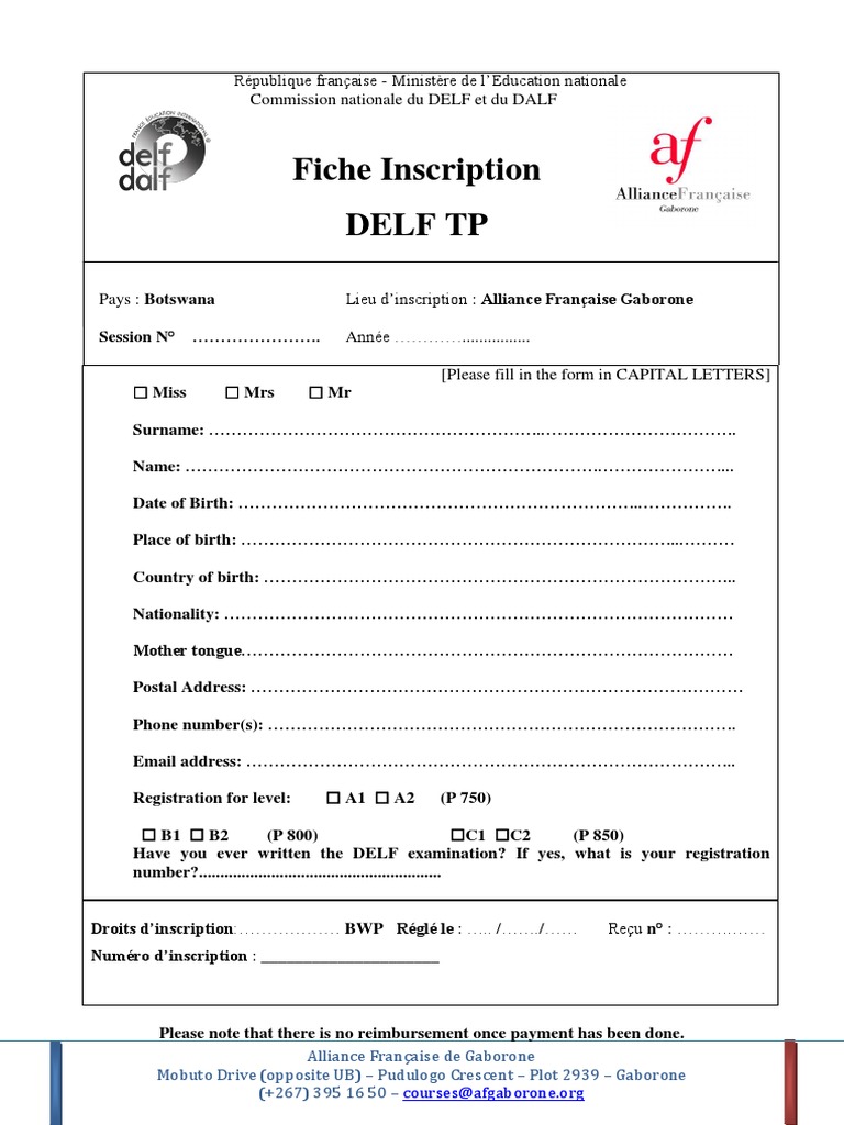 DELF A1 Registration Form Gaborone | PDF
