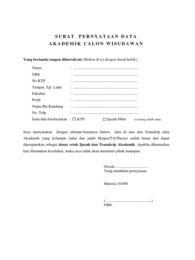 Surat Pernyataan Data Akademik Mahasiswa | PDF