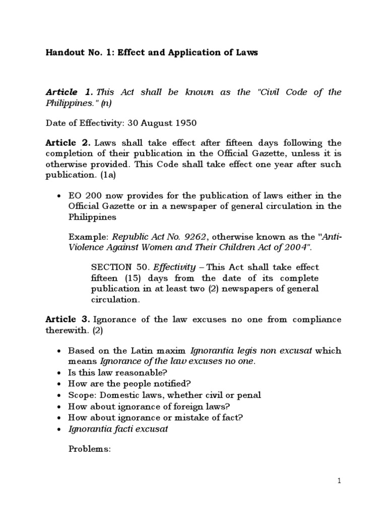 Handout No. 1 - Effect and Application of Laws | PDF | Ex Post Facto ...