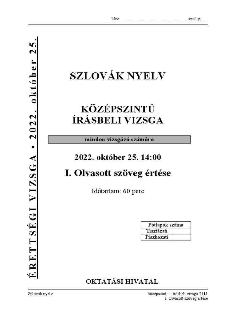 Szlovák Nyelv: Középszintű Írásbeli Vizsga | PDF