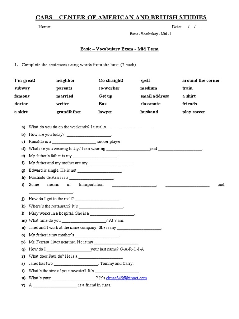 Basic - Vocabulary - Mid - 1 | PDF