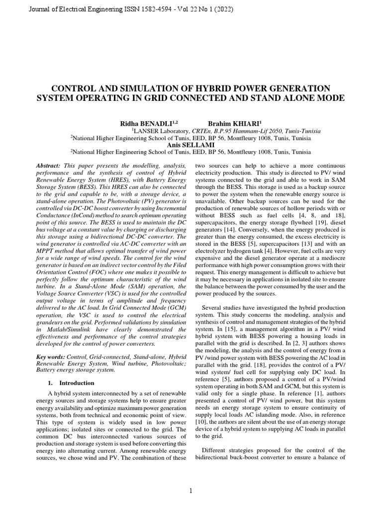 Control and Simulation of Hybrid Power Generation System Operating in Grid Connected and Stand ...
