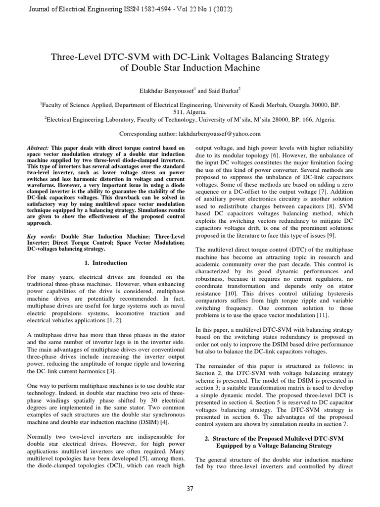 Three-Level DTC-SVM With DC-Link Voltages Balancing Strategy of Double Star Induction Machine ...