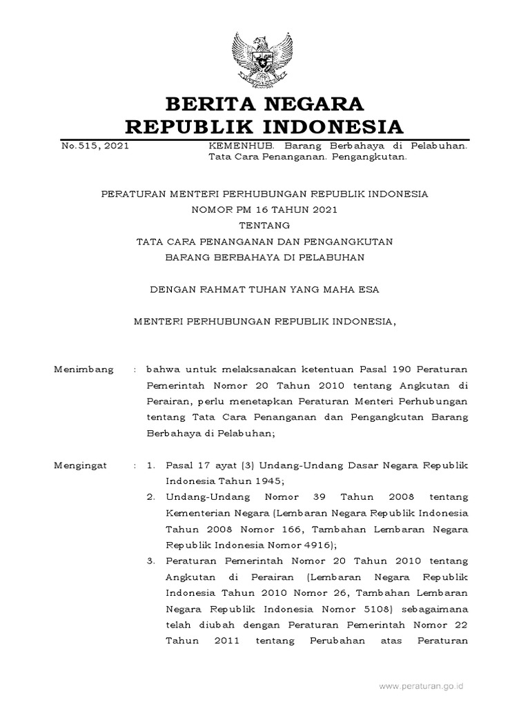 Peraturan Menteri Perhubungan Nomor 16 Tahun 2021 | PDF
