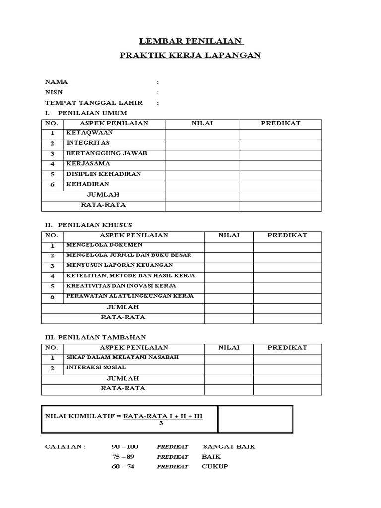 Lembar Penilaian PKL | PDF