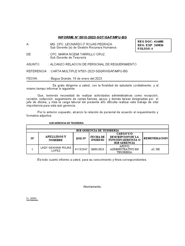 Informe #0001-2023 Req. Personal | PDF