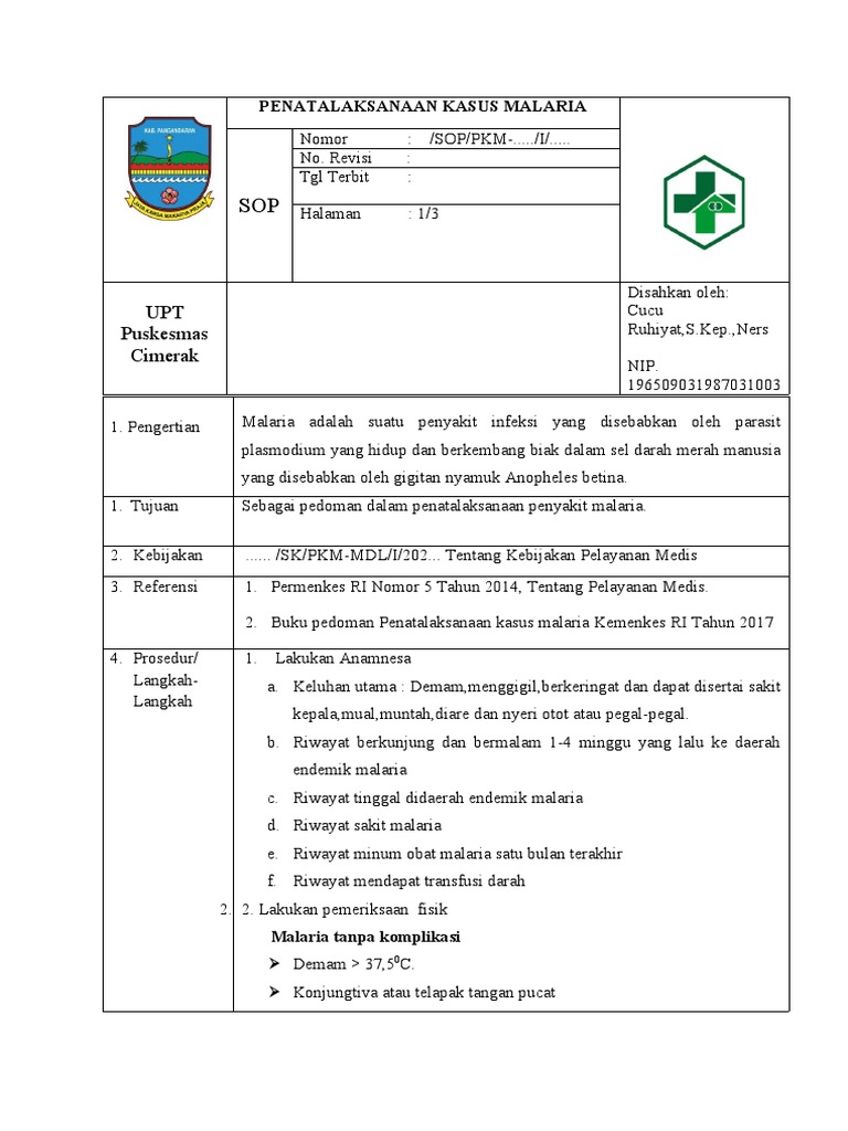 Sop Tatalaksana Kasus Malaria 2020 | PDF