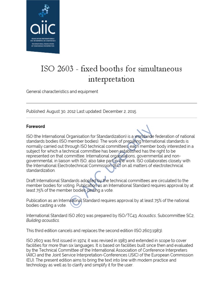 ISO 2603 - Fixed Booths For Simultaneous Interpretation - EnG | PDF ...