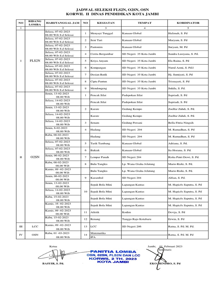 Jadwal Kosn O2sn Fls2n | PDF