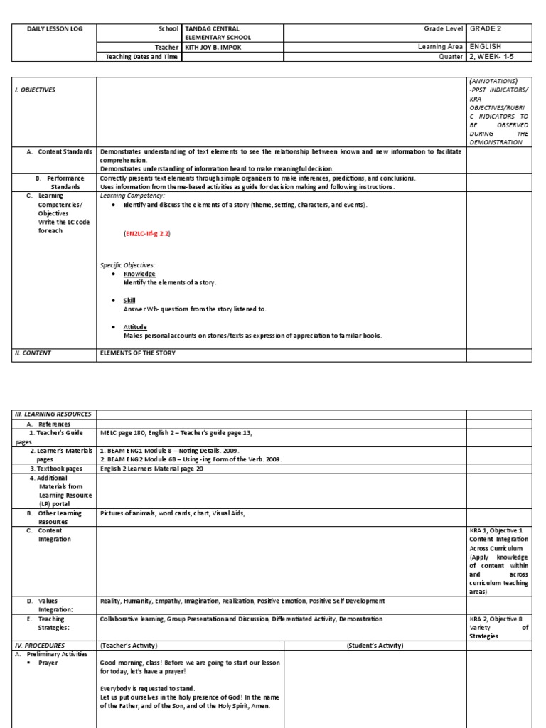 Grade 2 Story Elements Lesson Plan | PDF | Learning | Teachers