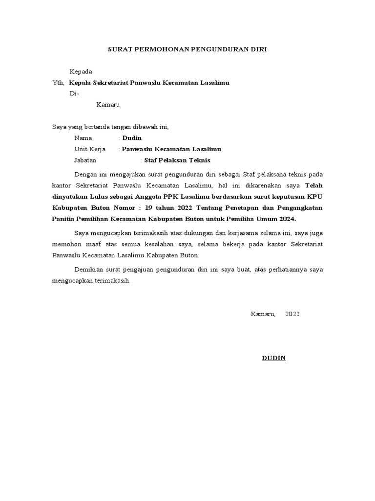 Surat Pengunduran Diri Dudin Panwaslu | PDF