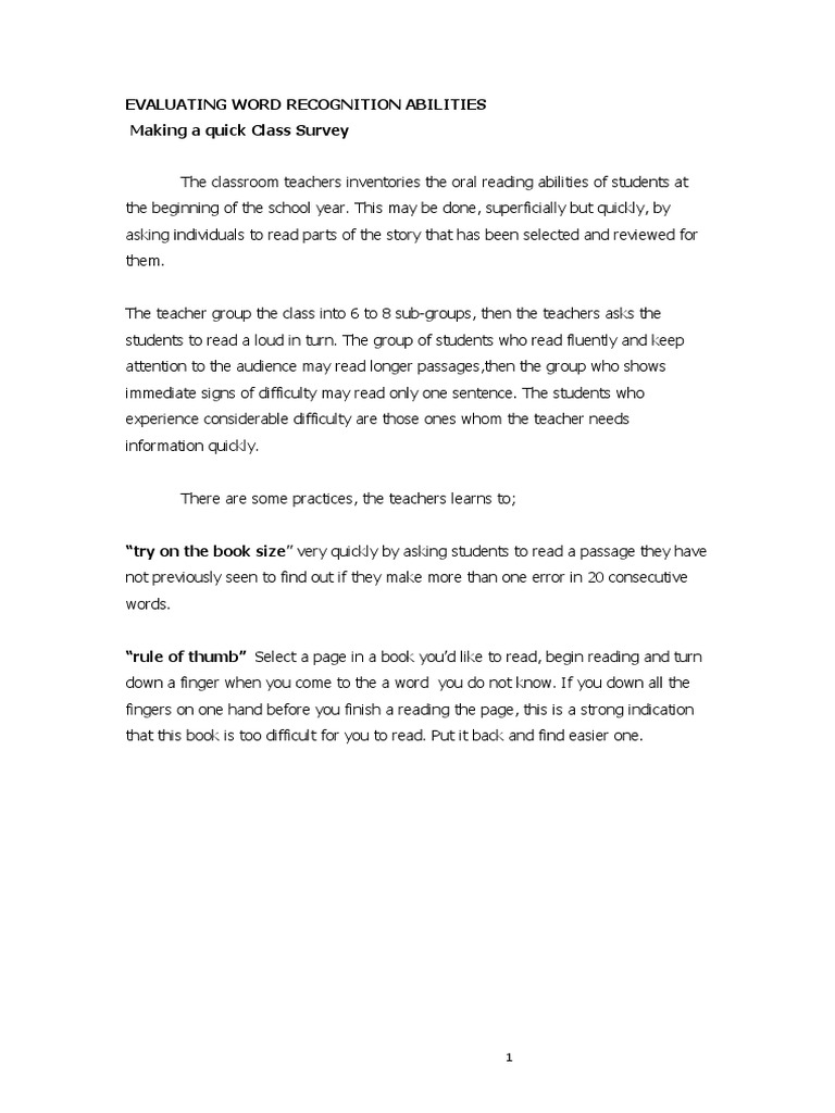 Evaluating Word Recognition Abilities 1 | PDF | Reading Comprehension | Phonics