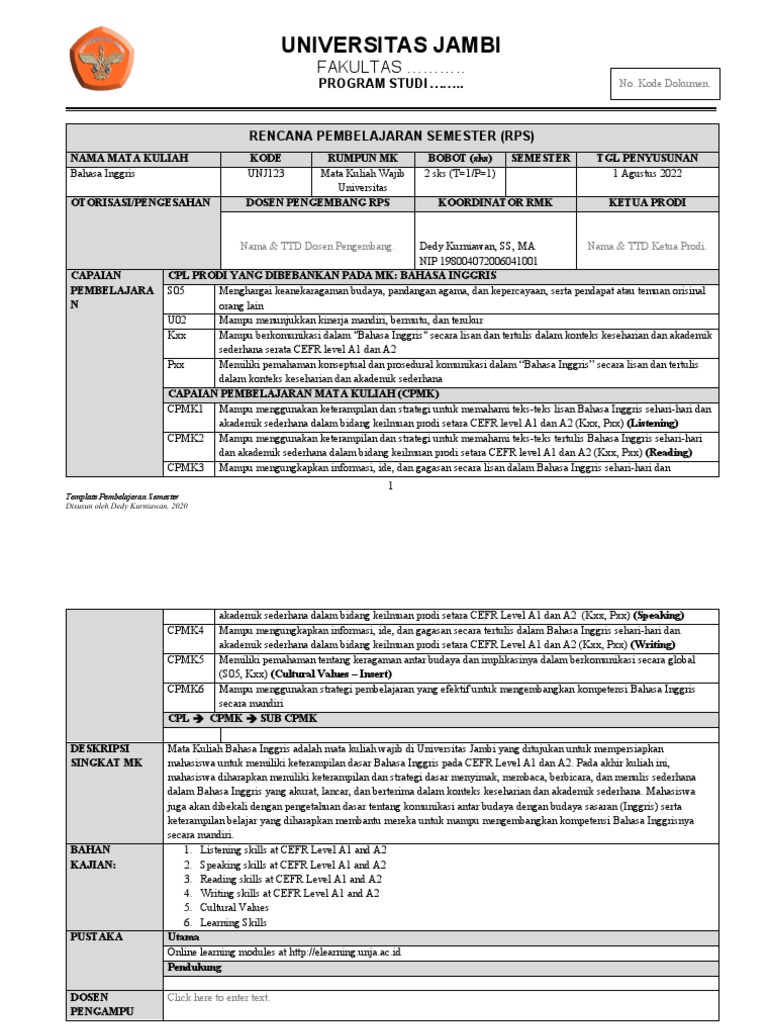 Rencana Pembelajaran Bahasa Inggris 2 SKS | PDF | Karier & Perkembangan