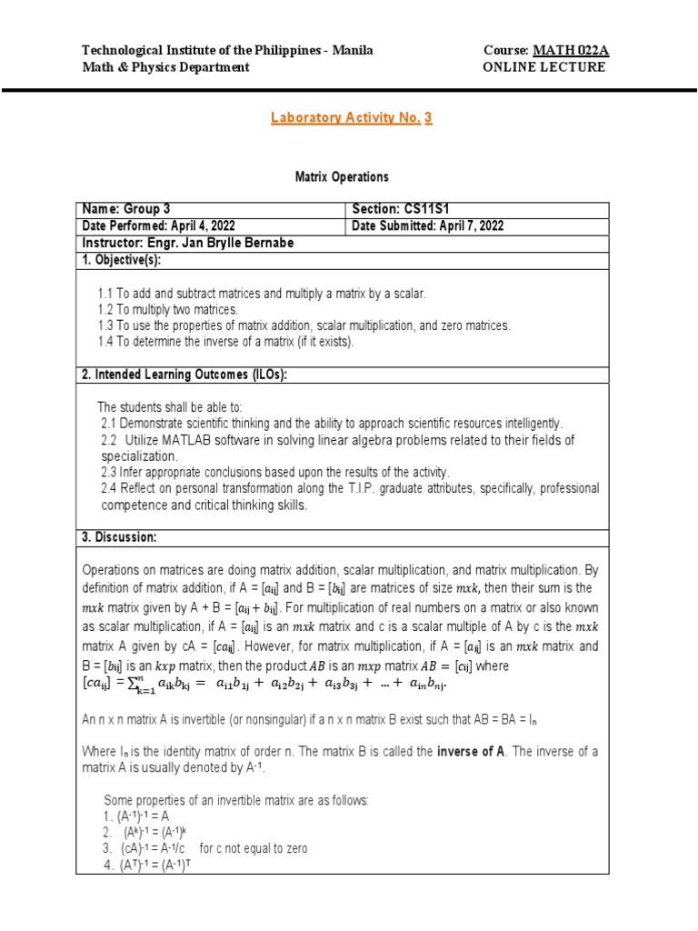 Group 3 Laboratory 3 - Matrix Operations | PDF | Matrix (Mathematics) | Linear Algebra