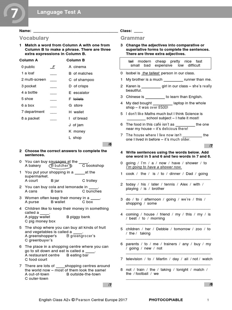 ECA2plus Tests Language Test 7A | PDF | Adjective | Linguistics