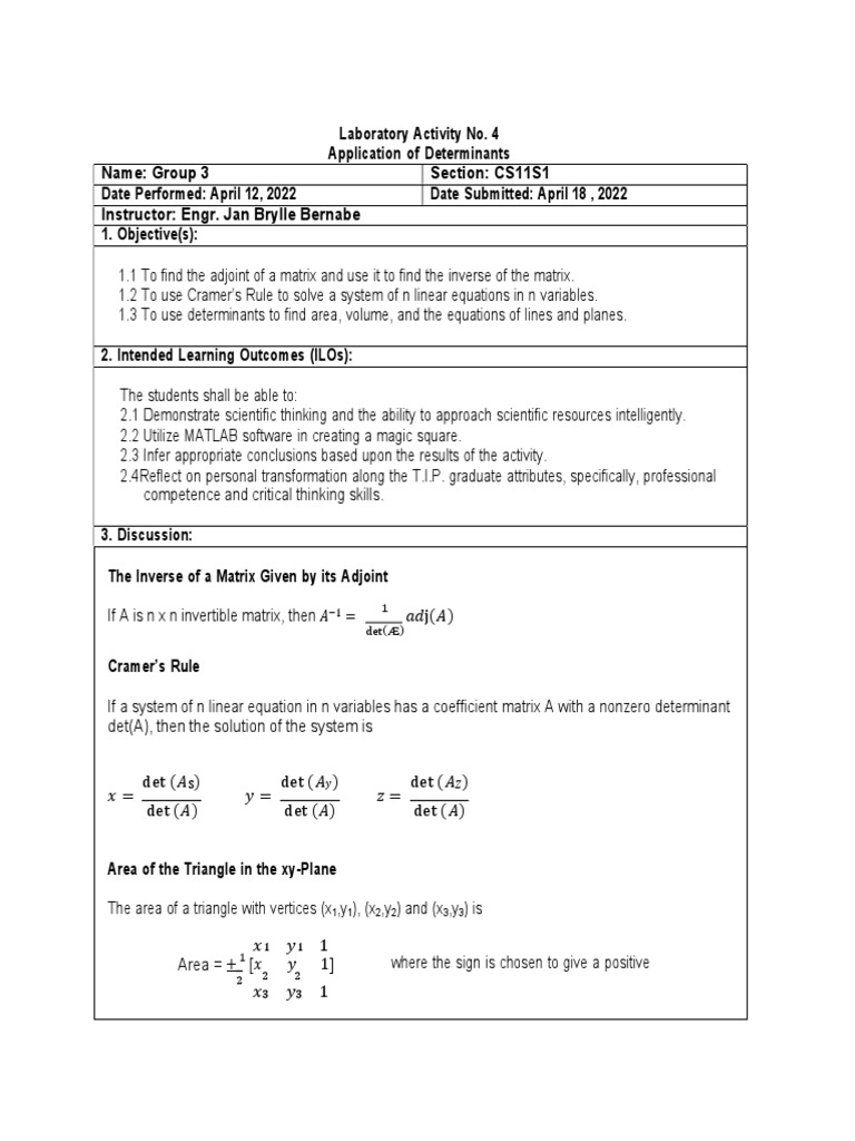 Group 3 Laboratory 4 - Application of Determinants | PDF | Matrix (Mathematics) | Determinant