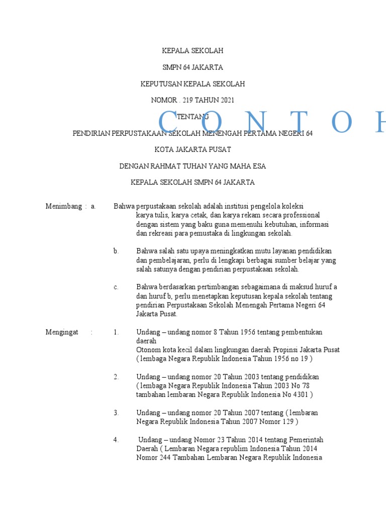 Contoh SK Kepsek Tentang Pendirian Perpus | PDF