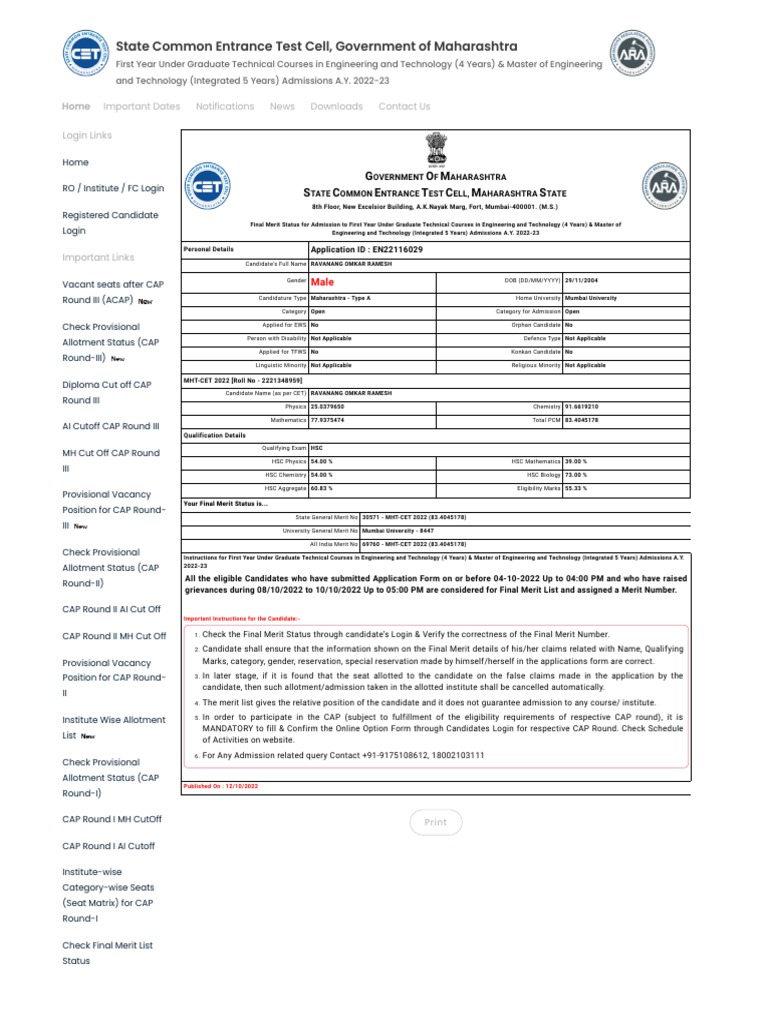 State Common Entrance Test Cell, Government of Maharashtra - .. | PDF ...