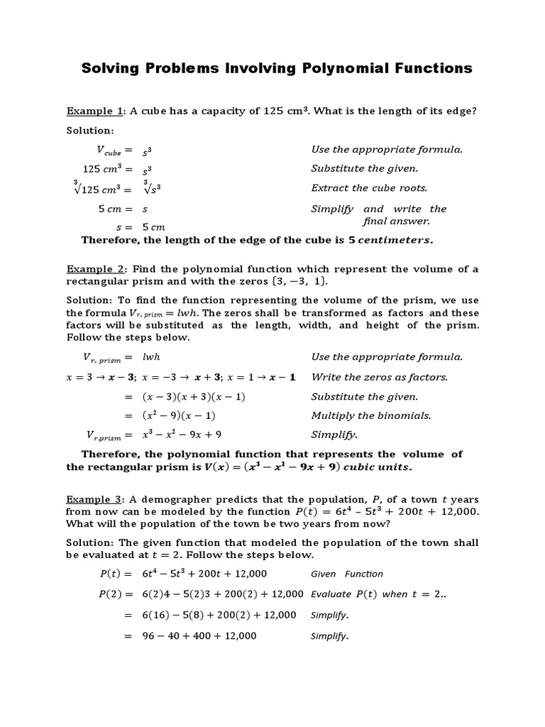 Solving Problems Involving Polynomial Functions | Download Free PDF | Polynomial | Zero Of A ...