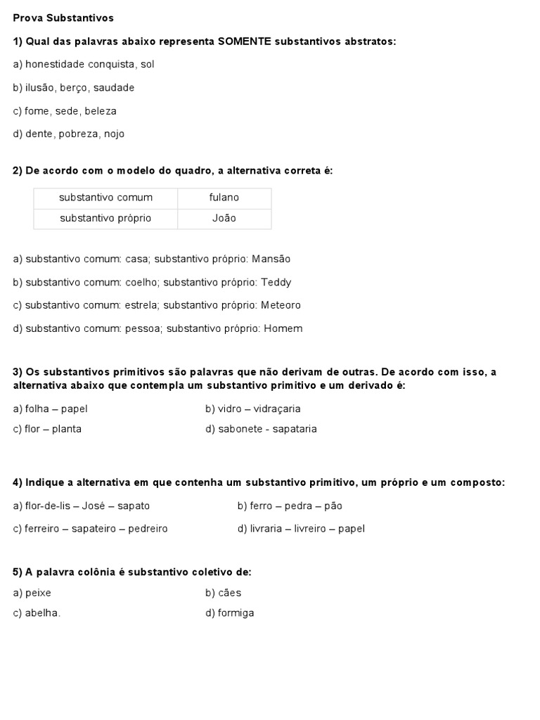 Prova Substantivos 1 | PDF | Substantivo