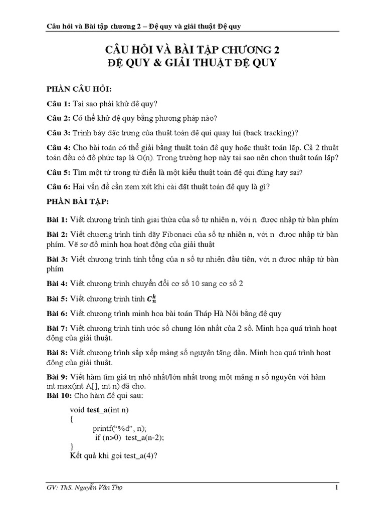 CauHoi BaiTapChuong2 DeQuy | PDF