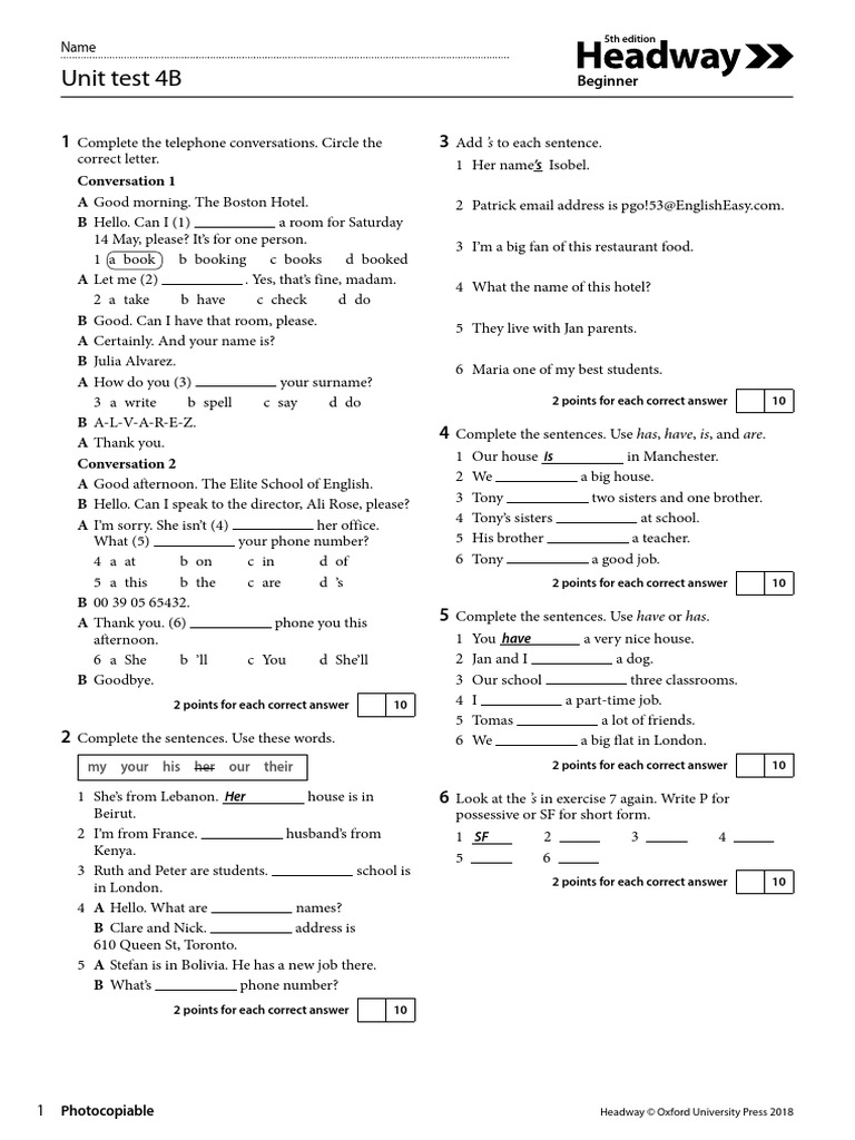 HW5e Beginner Test Unit 4B | PDF