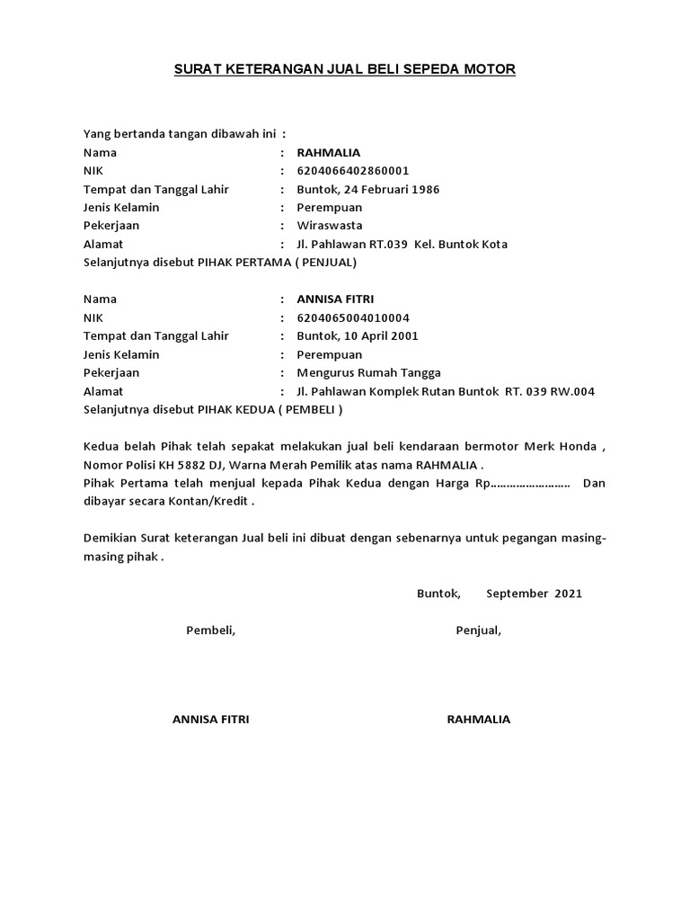 Surat Jual Beli Motor | PDF