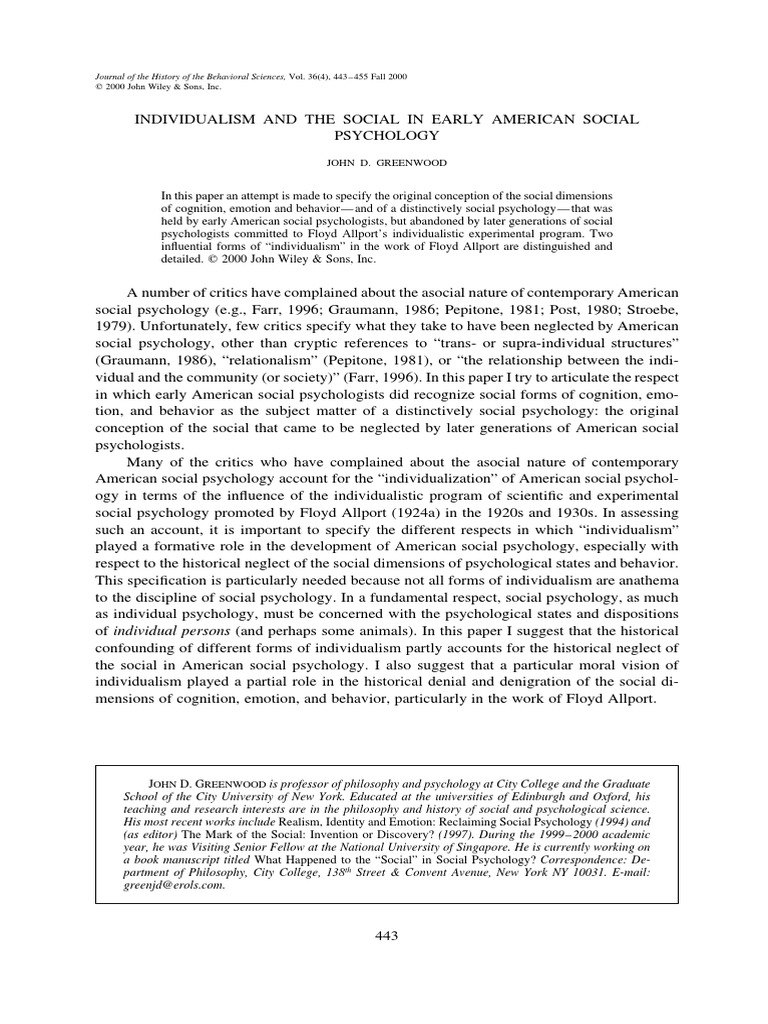 J History Behavioral Science - 2000 - Greenwood - Individualism and The ...