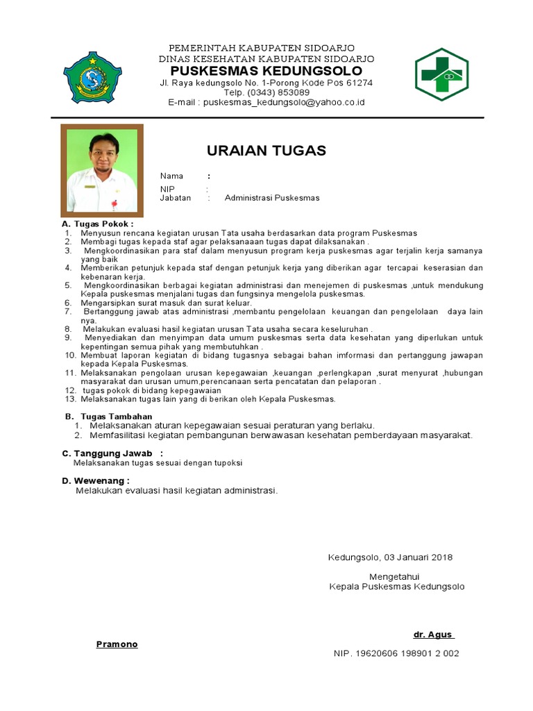 Uraian Tugas Administrasi Puskesmas | PDF