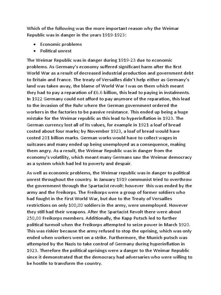Which of The Following Was The More Important Reason Why The Weimar ...