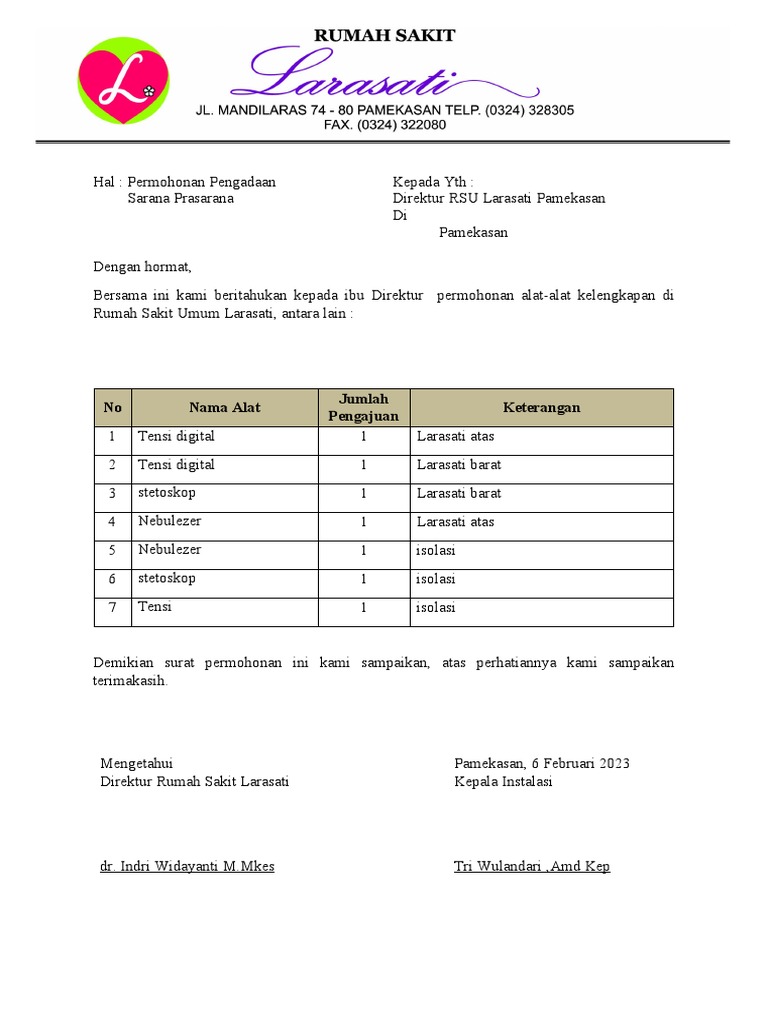 Permohonan Alat Kesehatan RS Larasati | PDF | Pengembangan Diri ...